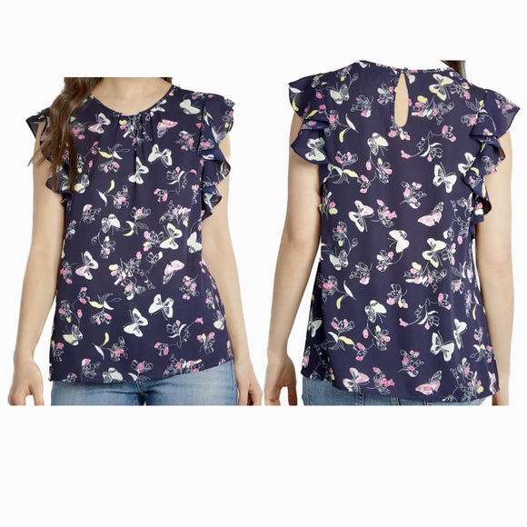 Modcloth | Tops | Equal Reaction Ruffle Top Navy Butterfly Size Extra ...